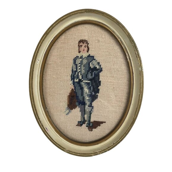 Handmade | Art | Vintage Blue Boy Needlepoint Framed Finished Oval ...